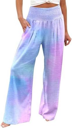 Generic Pantalon en coton et lin pour femme - Jambe large - Pantalon de plage d&eacute;t&eacute; confortable - Pantalon de yoga Palazzo - XIYU26091, bleu ciel, XXL