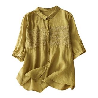 Generic Chemises chinoises en lin pour femme - Style d&eacute;contract&eacute; - Avec broderie florale - Style vintage - Boho - Confortable, jaune, XXL