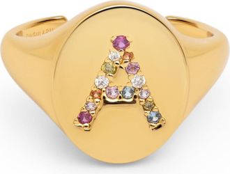 Singularu Personalisierter Ring Signet Letter Colors. Messing mit 18 Kt Vergoldeter Beschichtung und Zirkonia. Schmuck für Damen. Buchstabe A