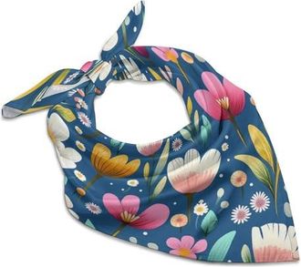 Generic Écharpe carrée en soie légère avec fleurs de printemps de dessin animé, écharpe florale pour cheveux, foulard respirant, cadeau pour femme et homme, m