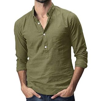 Generic Chemise en coton et lin pour homme - Hauts de sport 2026 - Col en lin - T-shirts solides avec poche ample et manches longues rabattables - Tunique pou