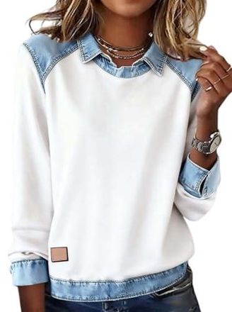 Generic Chemises en denim patchwork &agrave; revers pour femme - Col en denim - Patchwork d&eacute;contract&eacute; - Pull ample - Haut de couleur unie, blanc, XXL