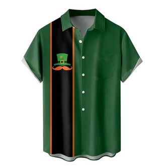 Generic Chemises de jour de la Saint-Patrick pour homme - Motif tr&egrave;fle imprim&eacute; hawa&iuml;en - Manches courtes - Boutonn&eacute; - &Eacute;t&eacute; - Printemps - Col montant - Chemises