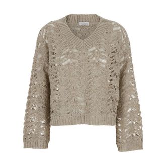 Brunello Cucinelli Beiger V-Ausschnitt Pullover mit Perforierten Details - - Knitwear - Damen - Beige - L