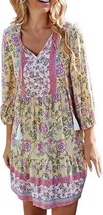 Generic Robes boh&egrave;me 2026 pour femmes, col en V, boutons &agrave; lacets, style boh&egrave;me, d&eacute;contract&eacute;, robe courte, a, XL