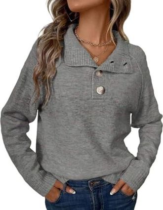 Generic Pull décontracté à col montant pour femme - Couleur unie - Bouton - Pull décontracté à manches longues - Pull de travail à manches longues, gris foncé