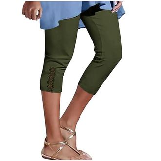 Generic Legging capris pour femme - Extensible - Taille haute - Avec ourlet en dentelle - Coupe ajust&eacute;e - Pour entra&icirc;nement - Pantalon 3/4, vert militaire, M