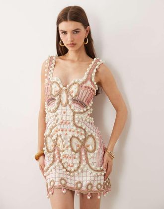 Asos Robe courte et ornement&eacute;e &agrave; encolure carr&eacute;e - Cr&egrave;me-Blanc