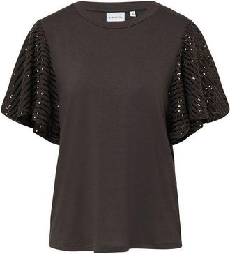 Comma Kurzarmshirt T-Shirt T-Shirt mit paillettenbesetzten Volants-&Auml;rmeln