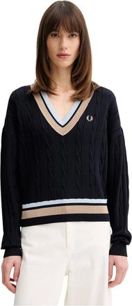 Fred Perry Femme, Pulls, Bleu, Taille: 40 FR V-neck Tricots