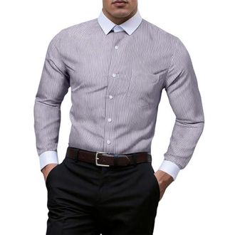Generic Chemises daffaires pour homme &agrave; manches longues ray&eacute;es et col roul&eacute; - Coupe r&eacute;guli&egrave;re - Chemise classique pour homme - Chemise extensible pour le trav