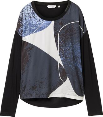 Tom Tailor Damen Longsleeve mit Print, 14482 - Deep Black, XS