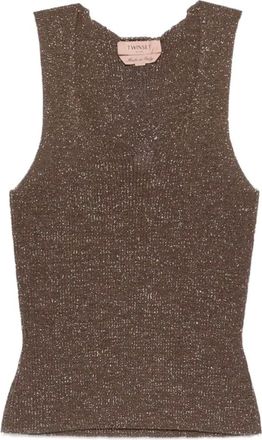 Twinset Femme, Tops, Brun, Taille: 42 FR Top en lurex Scollo a V Smanicato