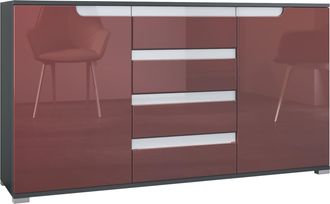 Vladon Sideboard Sylt V1, Kommode mit 2 Türen und 4 Schubladen, Korpus - Anthrazit matt/Front - Bordeaux Hochglanz/Absetzung - Weiß Hochglanz (138,5 x 75,5 x
