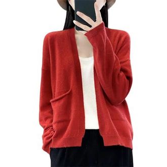 Generic Cardigan tricot&eacute; en laine fine m&eacute;lang&eacute;e &agrave; col en V sans boucle pour femme, Rouge, XS