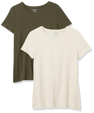 Amazon Essentials Damen T-Shirt mit kurzen Ärmeln und Rundhalsausschnitt in normaler Passform, 2er-Pack, Haferbeige Meliert/Olivgrün, XL