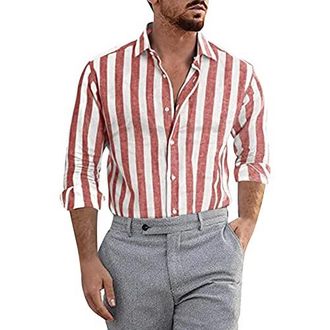 Generic Chemise d&eacute;t&eacute; pour homme coupe ajust&eacute;e : chemises en lin boutonn&eacute;es chemise de plage ray&eacute;e chemise en lin avec poche poitrine chemises de loisirs cardi