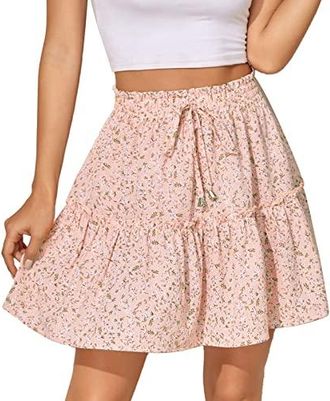 Generic Jupe dété légère pour femme - Jupe de plage pour femme - Jupe courte plissée - Jupe dété bohème - Jupe plissée - Jupe courte plissée - Taille haute - 