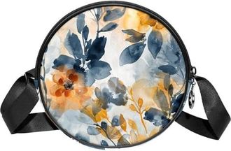 Generic Petit sac &agrave; bandouli&egrave;re circulaire pour femme, motif feuilles florales, sac &agrave; dos avec fermeture &eacute;clair, bretelles r&eacute;glables, sac &agrave; main rond d&eacute;contra