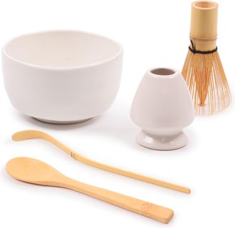 BambooMN Brand - Matcha Bowl Set (Includes Bowl, Rest,Tea Whisk, Chasaku, & Tea Spoon) 1 Set White by BambooMN