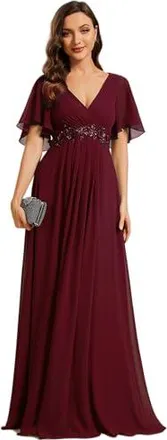 Ever-pretty Robe de Témoin de Mariage Longue Appliqué Col V Manches Courtes Chic Bordeaux 36