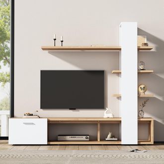 Generic Wohnwand 180 cm f&uuml;r Fernseher bis 60 Zoll TV Schrank Set Wei&szlig; Eiche Modernes TV Lowboard mit Regal Wohnzimmerm&ouml;bel Skandinavisches Design Viel Staurau