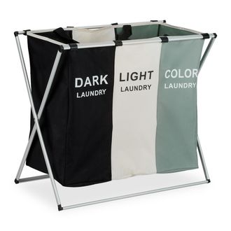 Relaxdays W&auml;schesammler, 3 F&auml;cher, 105 l Volumen, HBT: 60 x 65 x 36,5 cm, Griff, Faltbarer W&auml;schesortierer, Mehrfarbig