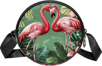 Generic Sac à bandoulière rond pour femme, motif flamant rose, motif floral, dessin animé, petit sac à dos à bandoulière avec fermeture éclair, bretelles régl