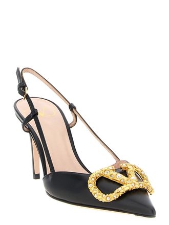 Valentino Garavani Womens Vlogo Jewel Slingback Pump Black Calfskin Leather