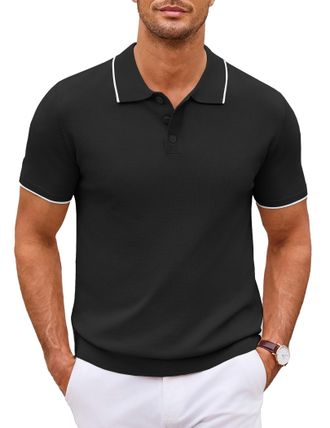 Coofandy Poloshirt Strick Herren Kurzarm Regular Fit Freizeit Gestricktes Polohemd Sommer Golf Shirt Kontras Polokragen T-Shirt Schwarz (weiß gestreift) XL