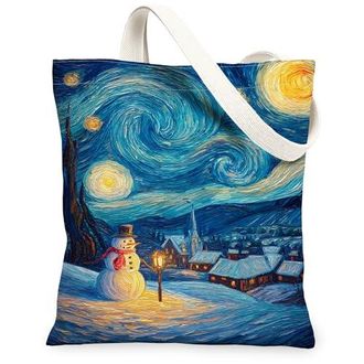 Generic Sacs fourre-tout en toile motif bonhomme de neige dhiver, motif nuit &eacute;toil&eacute;e, sacs d&eacute;picerie, sacs d&eacute;picerie l&eacute;gers et r&eacute;utilisables, toile vintage la