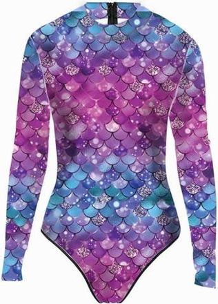dPois Femme Maillot de Bain de Sport Anti UV Body de Plage Manches Longues S&eacute;chage Rapide Combinaison Natation Surf Plong&eacute;e Sir&egrave;ne Imprim&eacute; Beachwear Bleu Vi