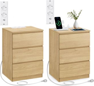 Vasagle Kailyn Kollektion - Nachttisch mit Steckdosenleiste, 2er Set, Beistelltisch, 3 Schubladen, 2 AC-Steckdosen, 2 USB-A-Anschl&uuml;sse, modern, strohgelb LET8