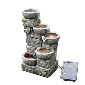 Teamson Home Solar-Wasserbrunnen für den Garten aus Stein mit Ornamenten und LEDs PT-SF0003