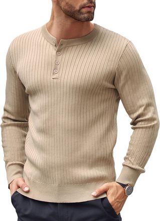 Coofandy Herren Pullover Henley Shirt Strickpullover mit Knopfleiste Männer Langarmshirt Pulli Slim Fit Khaki XXL