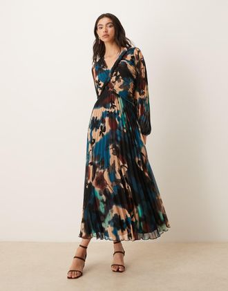 Asos Plissee-Midikleid in Blau mit abstraktem Muster, verdrehtem Detail und gewickelter Vorderseite-Bunt