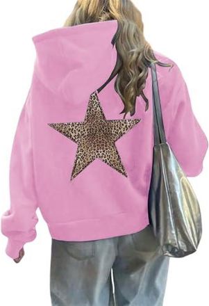 ORANDESIGNE Sweat &agrave; Capuche &Eacute;toile L&eacute;opard Gu&eacute;pard pour Femme Imprim&eacute; Graphique Polaire Y2K Streetwear Harajuku Hoodie A Rose XS