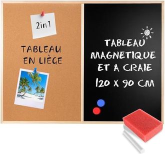 Creative Home 120 x 90 cm Tableau Liege Mural, Tableau Magn&eacute;tique Aimant&eacute; et Tableau Craie Noir Ardoise Murale | Inclus &Eacute;ponge, Aimants, Craie et Punaises | Tableau