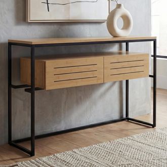 Mendler Konsolentisch HWC-P46, Telefontisch Beistelltisch Ablagetisch, Schublade Metall MDF Melamin 80x120x40cm - Bambus-Optik