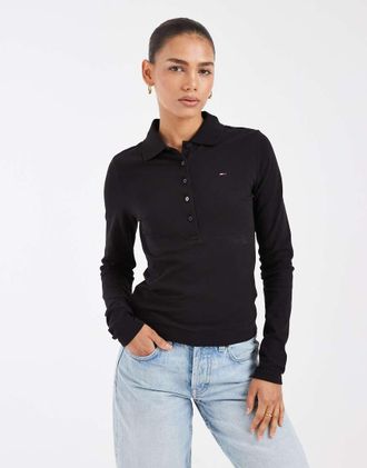 Tommy Jeans Polohemd mit Flaggenlogo, Slim Fit, Langarm, in Schwarz