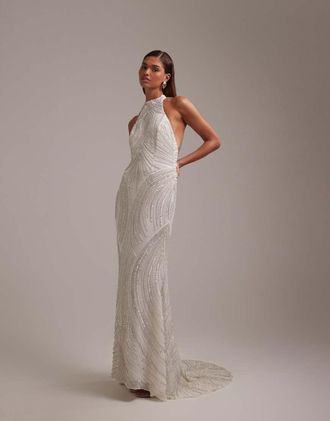 Asos Robe de mari&eacute;e longue dos nu orn&eacute;e de perles - Blanc