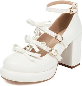 Generic Femmes Mignon Lolita Chaussures Bout Rond Mary Jane Pompes Noeud Perle décor Plate-Forme Bloc Talons élégant soirée fête Bal Chaussures habillées,Blan