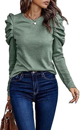 Onsoyours Femme T-Shirt &agrave; Manches Longues Chemise &agrave; Col Rond Tops L&acirc;che Long Tshirts Blouse Tunique Manches Bouffantes avec Boutons T-Shirt Simple et D&eacute;contract