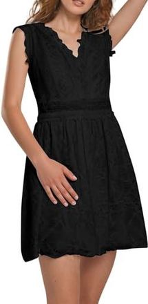 Generic Robe boh&egrave;me 2026 pour femme, robe d&eacute;t&eacute; unie, boutonn&eacute;e, sans manches, &agrave; volants ajour&eacute;s, mini robe trap&egrave;ze, Noir, XXL