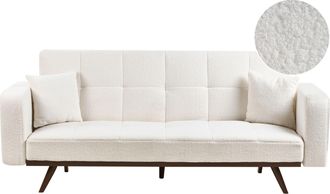 Beliani 3-Sitzer Sofa Boucl&eacute; cremewei&szlig; gepolstert gesteppt mit Schlaffunktion 2 Kissen Dunkle Metallbeine Hjulby