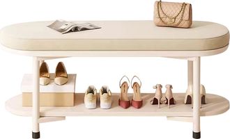 Generic 2-stöckige Schuhbank Mit Gepolsterter Sitzfläche Aus PU-Leder, Metallrahmen, Rustikale Bauernhaus-Aufbewahrungsbank for Den Eingangsbereich(Beige,80 x