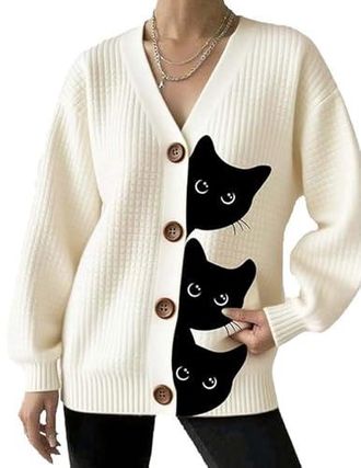Generic Cardigan ample &agrave; imprim&eacute; chat dHalloween pour femme avec style dautomne et tissu tricot&eacute; confortable, blanc, XXL