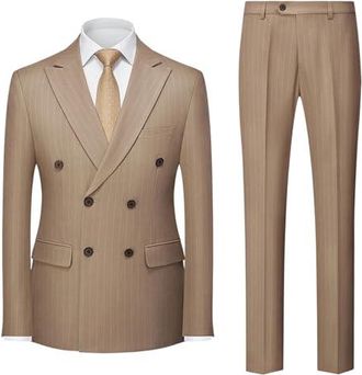 Generic Costume 2 pi&egrave;ces &agrave; double boutonnage pour homme avec veste et pantalon &agrave; rayures fines Coupe ajust&eacute;e, kaki, XXL