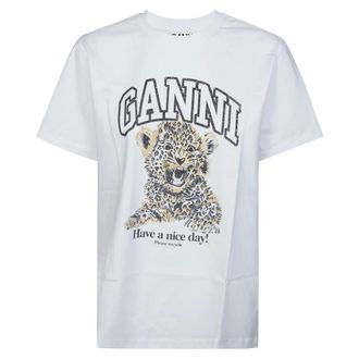 Ganni Femme, Tops, Blanc, Taille: 36 FR T Shirt MM Basic Logo Leopardato