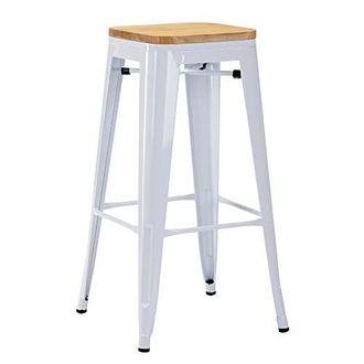 Duhome Tabouret de Bar Industriel Chaise Salle &agrave; Manger Scandinavie Tabouret Empilables Si&egrave;ge Bistrot Cadre en M&eacute;tal pour Cuisine Restaurants, Blanc + Bois